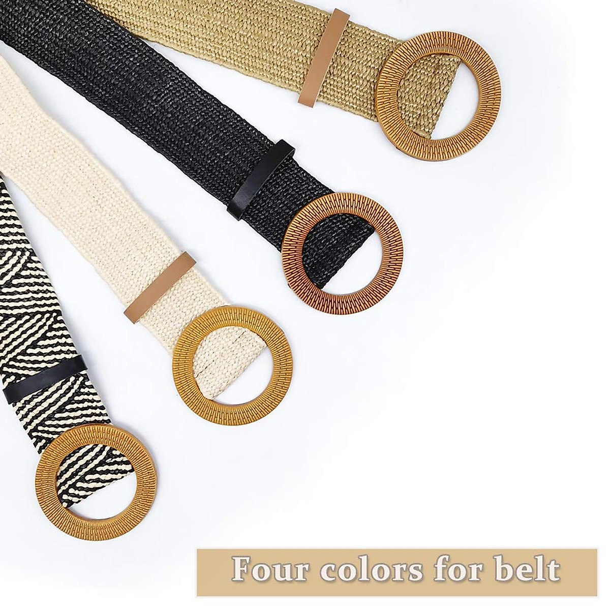 YUCFOREN Women Skinny Dress Belt, Fashion Straw Woven Elastic Stretch Waist Band Wood Buckle Belt