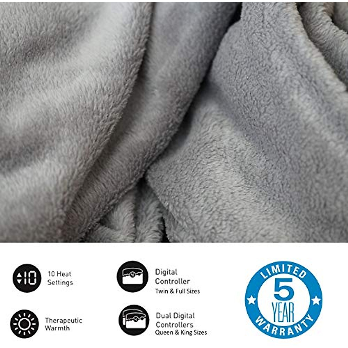 Biddeford Blankets Micro Plush Electric Heated Blanket with Digital Controller, Queen, Grey