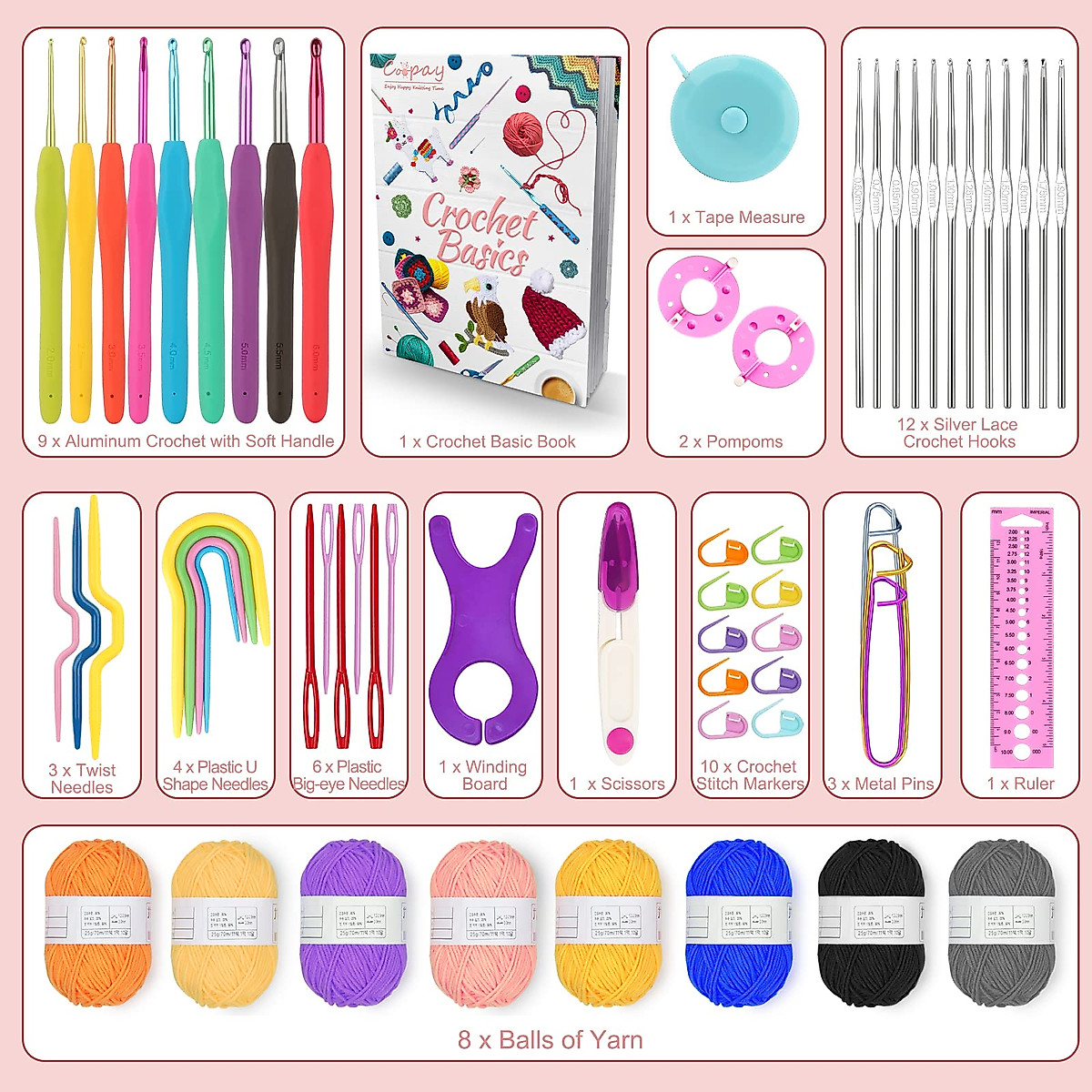 Coopay Crochet Kit for Beginners Adults Kids, Beginner Crochet Kit Make Variety Projects, Crochet Set Beginner Crochet Starter Kit Includes Yarn, Crochet Hooks, Bag, Book, Knitting & Crochet Supplies
