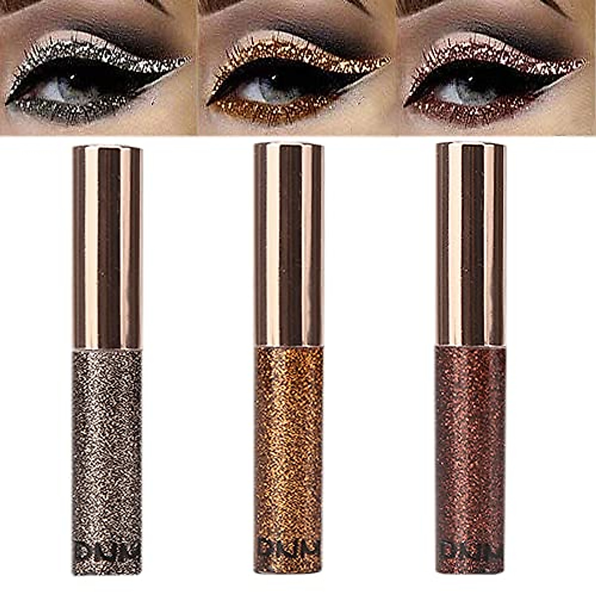 3 Colors Glitter Sparkle Sparkly Sparkling Eyeliner Liquid Makeup Set delineadores de colores, Liquid Glitter Eyeliner Colorful Set Star Gray, Sand Gold, Coffee Golden Shimmer 3Pcs/set(14,15,16#)