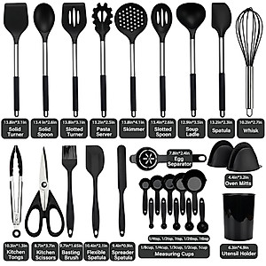 Hvygss Kitchen Utensils Set with Holder, Black Silicone Cooking Utensils Set Dishwasher Safe Stainless Steel Handle Spoons Spatula Set Heat Resistant Kitchen Tools