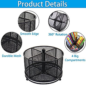 Flytreal Mesh Rotating Desk Organizer, Black Pen Pencil Holder Metal Desktop Stationery Storage Caddy, 4 Compartments Large Capacity Organizer for Home Office School Art Supplies