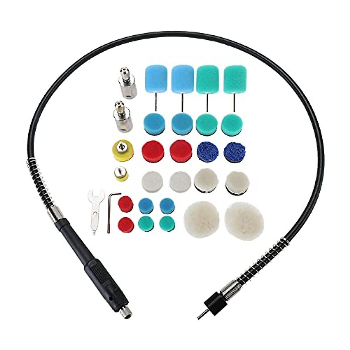 AuInLand Mini Buffing Polishing Pads, 31PCS Mini Detail Polisher Pads Used on Rotary Tools, Mini Polisher Tool for Detailing Polishing Waxing in Tight Area, with One Flexible Shaft Attachment