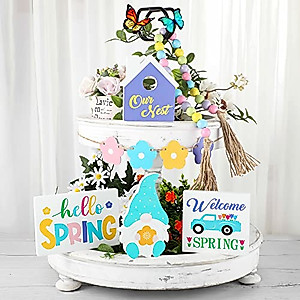 10 Pieces Easter Tiered Tray Decoration Hello Spring Tiered Tray Decor Farmhouse Wood Decor Fresh Flower Market Home Gnome 3D Sign Seasonal Bloom Butterfly Kitchen Wooden Ornament (Flower Style)