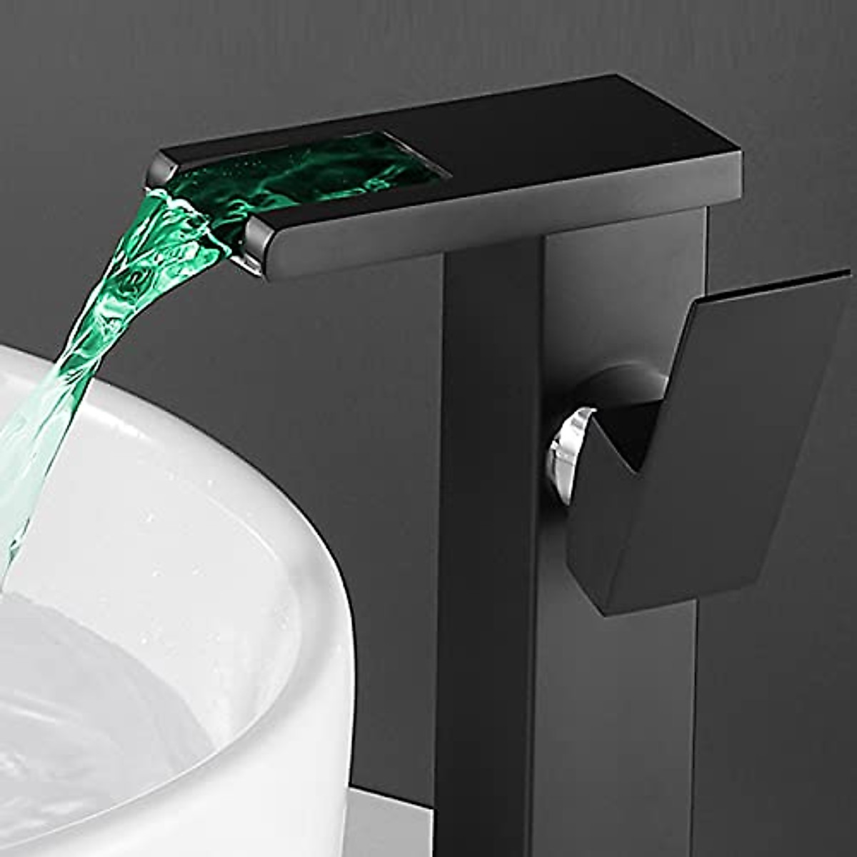 Black Bathroom Vessel Faucet Led Light 3 Color Changing Waterfall Single Handle One Hole Bowl Sink Faucet Vanity Lavatory Deck Mount Mixer Tap Tall with Pop Up Drain Without Overflow and Supply Lines