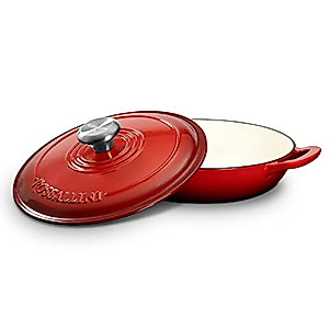 ROSSALLINI Signature Enameled Cast Iron Braiser, Non-Stick Serving Pot with Tight Fitting Lid for Perfect Roasting, Baking, Sauteing, Searing, and Pan Frying | 3.5Q (3.3L) - Red