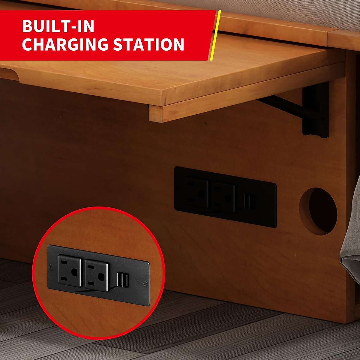 MUZZ Queen Size Cabinet Murphy Bed, Murphy Bed with Foldable Foam Mattress, Space-Saving Cube Murphy Bed with Charging Station and Large Storage Drawer (Cherry)