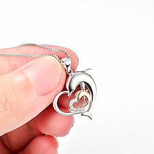 Angel caller Dolphin Necklace Gifts 925 Sterling Silver Eternal Love Heart Double Dolphins Pendant Necklace Jewelry for Women Mom Mother Daughter