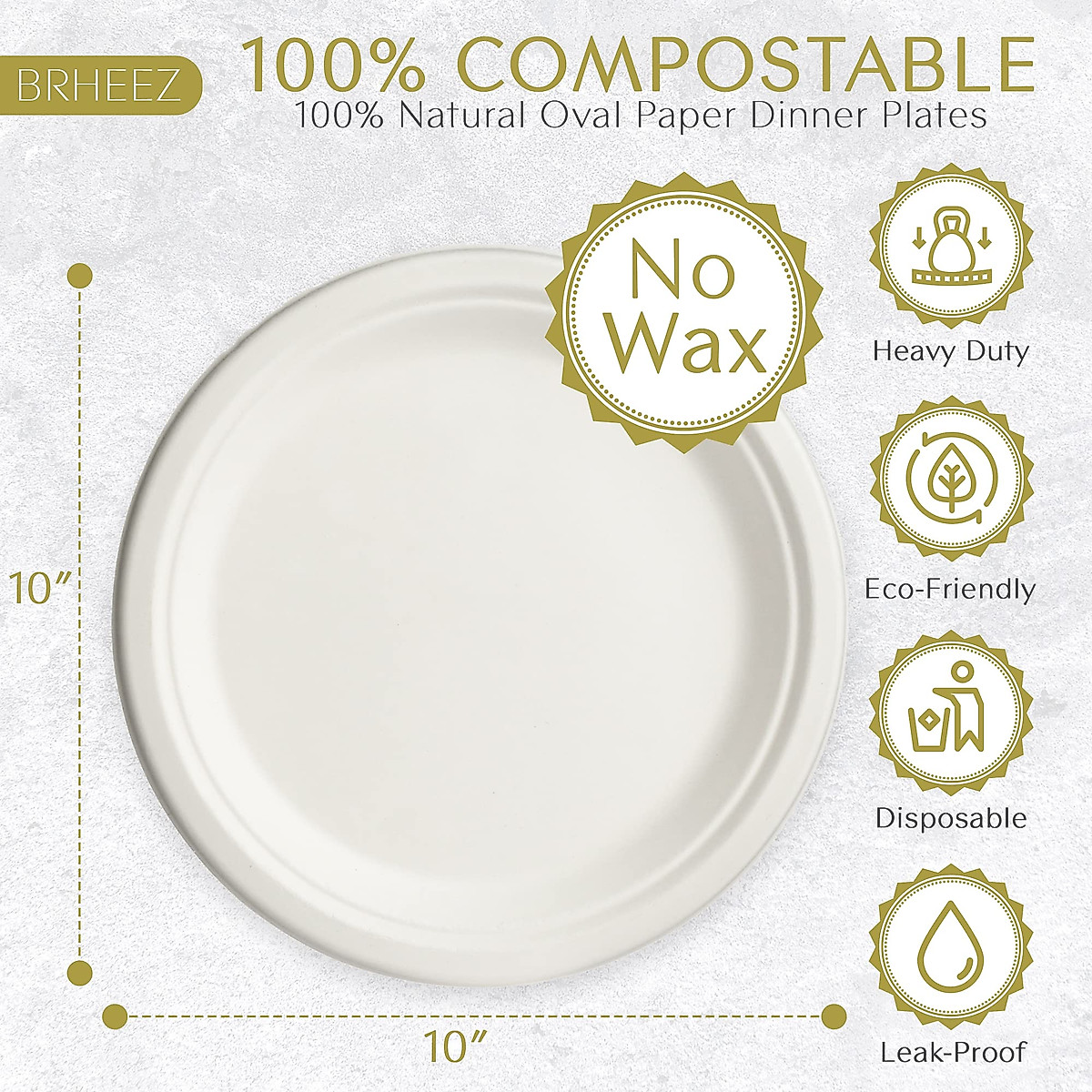 brheez 10 in. Disposable Plates Paper Plates Alternative Compostable Plates Heavy Duty [Pack of 60] Eco-Friendly 100% Natural Sugarcane Bagasse Fiber Biodegradable