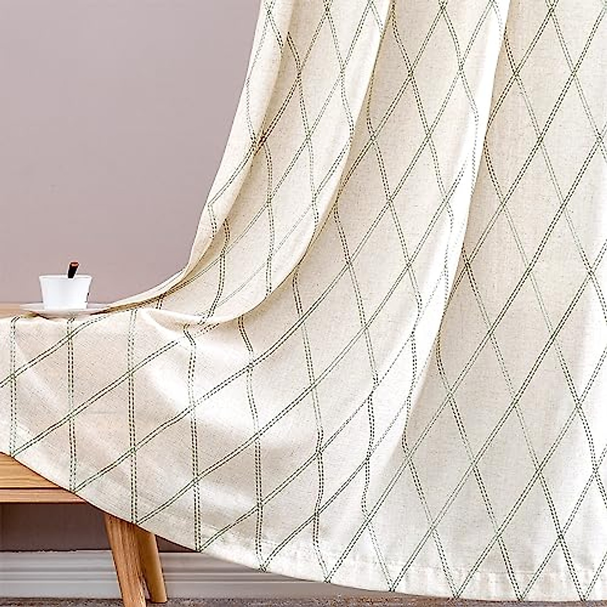 jinchan Linen Curtains for Living Room Green Diamond Embroidered Curtains Geometric Patterned Window Drapes Flax Window Treatment Set for Bedroom Grommet Curtains 84 Inches Long 2 Panels