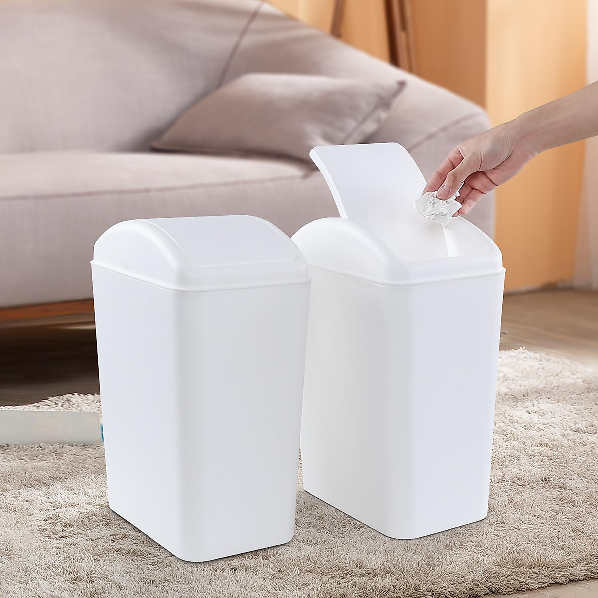 Uumitty 3 Packs Swing Top Waste Container for Home and Kitchen, Plastic Slim Trash Can with Lid, 4.5 Gallon Capacity, White