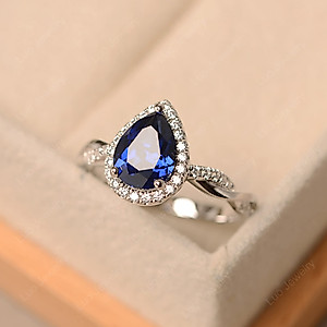 LUO 925 Sterling Silver Twist Rings Pear Shaped Halo Created Sapphire Ring Engagement Statement Ring for Women US Size 7