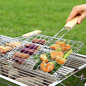 ISKYBOB Portable Barbecue Grilling Basket BBQ Net with Wooden Handle
