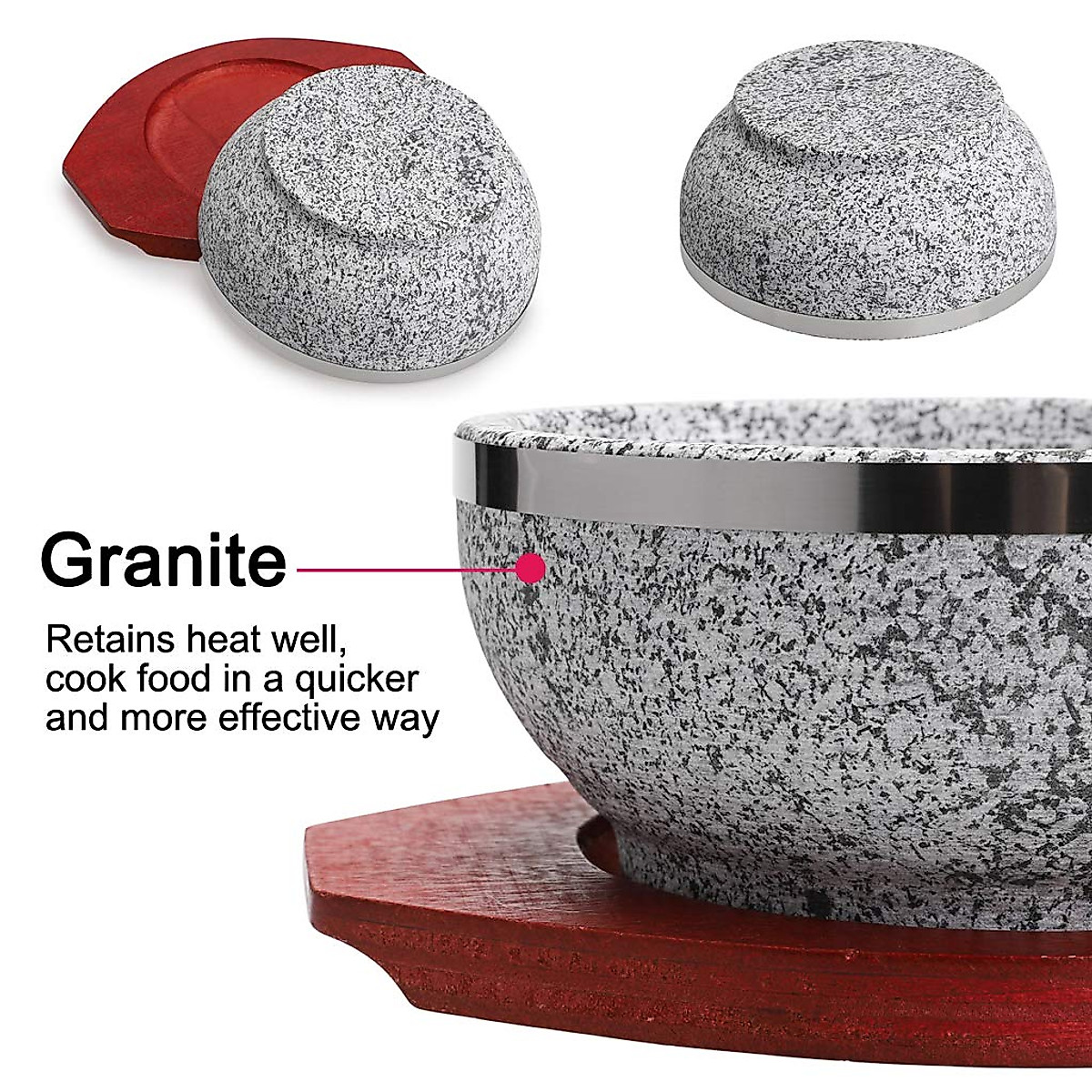 MDLUU Dolsot Bibimbap Bowl 32 Oz, Granite Stone Bowl with Wood Base, Dolsot Pot for Korean Soup, Rice and Stew
