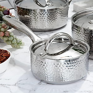 BergHOFF Vintage Tri-Ply 18/10 Stainless Steel Saucepan 5.5in 1qt. With Matching Lid, Hammered, Long and Ergonomic Shaped Handle, Induction Cooktop, Silver