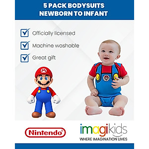 Super Mario Nintendo Mario Yoshi Donkey Kong Browser Lugi Toad Newborn Baby Boys 5 Pack Short Sleeve Bodysuits MulticoloRed 6-9 Months