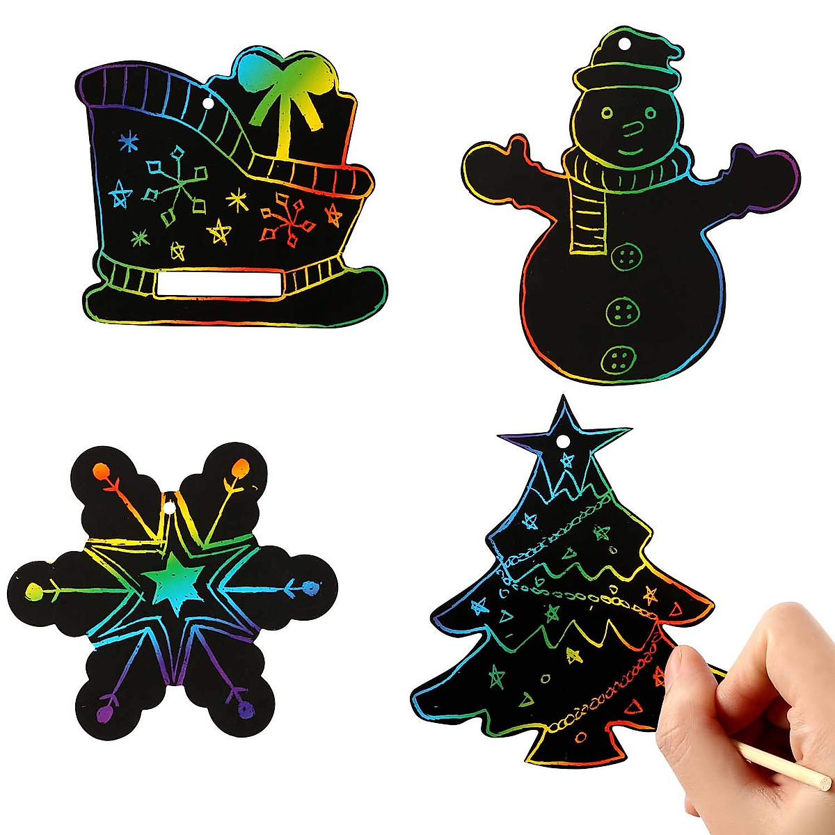 ACEHOOD 48 Sets Christmas Rainbow Scratch Paper Ornaments Kids Art Craft DIY Xmas Ornaments Christmas Party Decorations for Kids