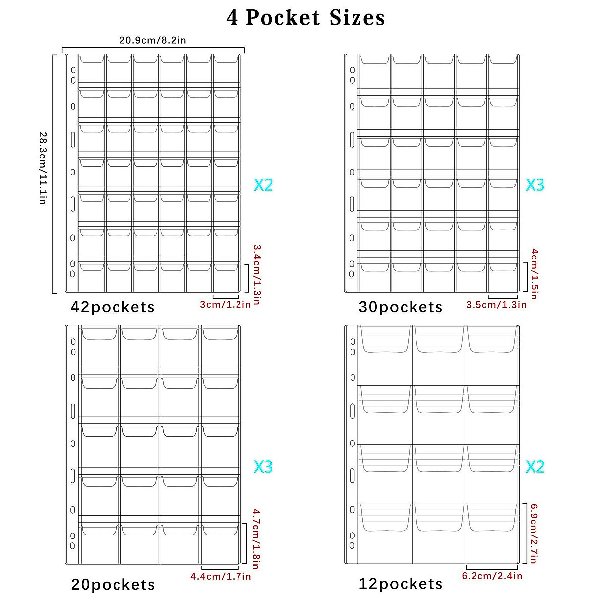 Homgaty 10 Sheets Coin Collection Supplies, Coin Pocket Page Coin Holders Stamp Binder Sheets Currency Collecting Album Book Sleeves (12, 20, 30 and 42 Pocket Pages)