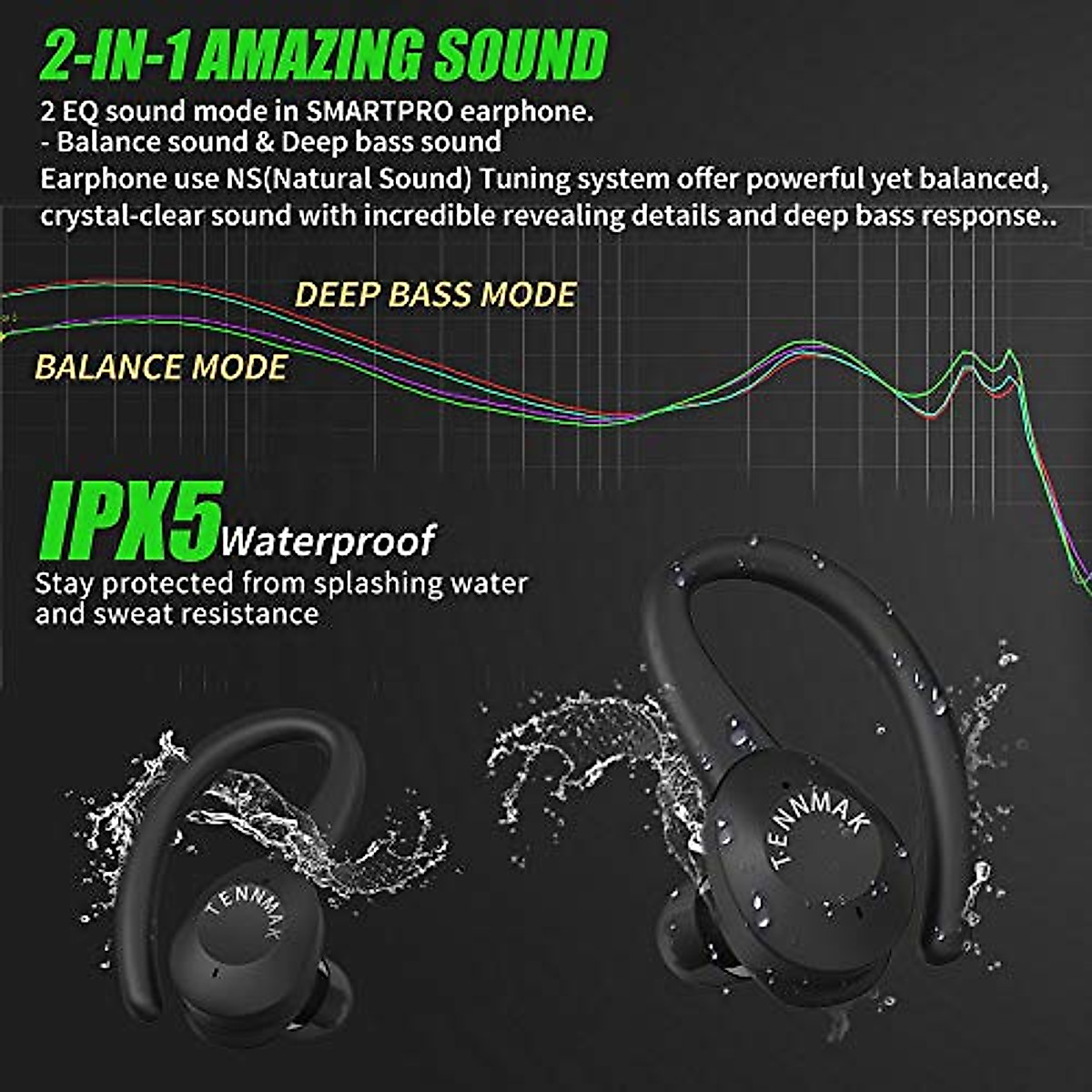 TENNMAK 2 in 1 Sport & Casual True Wireless Earbuds, SMARTPRO Bluetooth Headphones in Ear Wireless TWS Earbuds with Mic Earphones, Gaming & Music Mode /2EQ Sound/Volume Control / IPX5 Waterproof