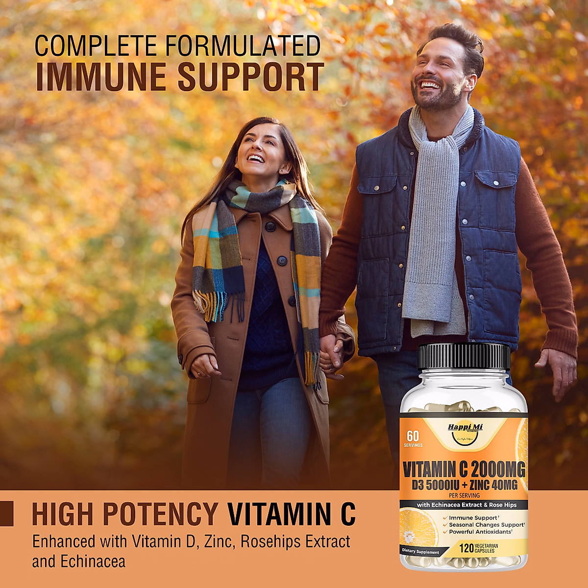 Happi Mi Nutrition Vitamin C 2000MG, Zinc 40 mg, Vitamin D3 5000 IU, Echinacea Extract, Rose Hip, Immune Support for Adults & Kids, Immune Booster,120 Vegan Caps, 60 Day Supply, Non GMO, No Filler