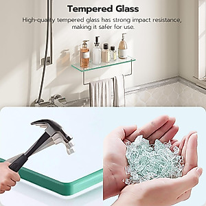 HOOBRO Glass Shelf for Bathroom, 15.7 Inch Glass Bathroom Shelf Wall Mounted, Tempered Glass Shelf with Stainless Steel Rod, Floating Shelves for Bathroom, Toilet, Room Decor, Silver SV03BJ01