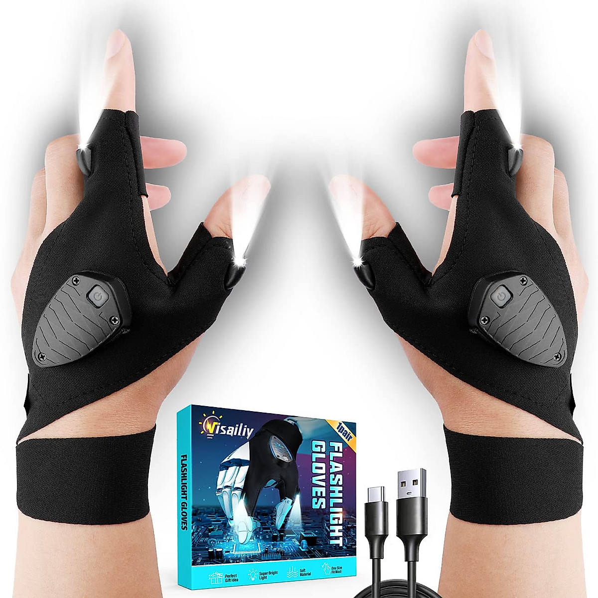 Visailiy LED Flashlight Gloves, Cool Gadgets Unique Birthday Gifts for Dad Boyfriend Husband Him, Light Gloves Tool for Camping Fishing Car Repairing Hiking