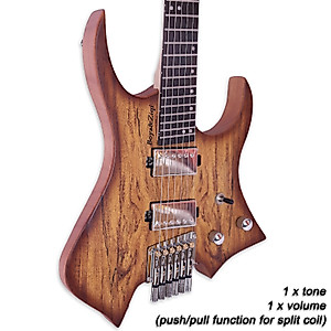 Boya&Ziqi Headless Electric Guitar LIZARD-6,FANNED FRETS, Independently Adjustable Bridge,Split coil control,5-Piece Maple/Streaked Ebony Neck (Natural Burst Spalted Maple, Right)