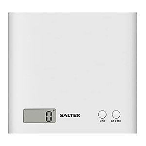Salter 1066 WHDR15 Arc Kitchen Scale – Digital Food Weighing Scales for Precise Cooking/Baking, Slim Platform for Compact Storage, Add & Weigh/Tare Function, 3kg Capacity, Battery Included, White