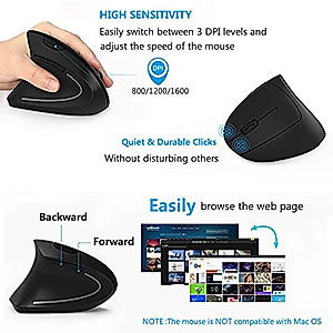 Lekvey Left Handed Mouse, Wireless 2.4 GHz USB Lefty Left Hand Ergonomic Vertical Mouse, Less Noise - Black