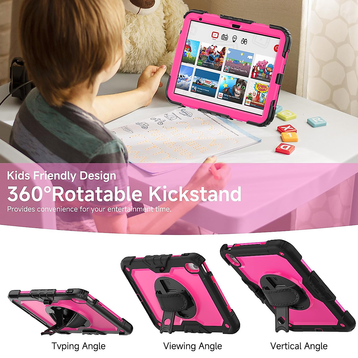 SIBEITU Case for iPad 10th Generation 10.9 inch 2022 with Screen Protector Pencil Holder, 3 Layer Shockproof Rugged Protective Case for iPad 10th Gen A2757/A2777 w/Kickstand & Shoulder Strap, Rose