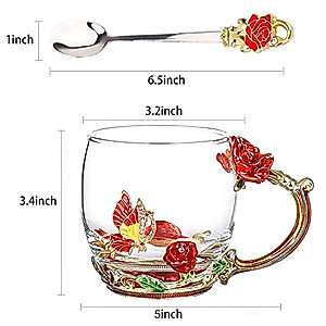 Tea Cup Glass Coffee Mugs (12 oz), Pack of 2 Fancy Tea Cups, Clear Glass Cups with Spoon Set, Mother's Day Gifts, Handmade Butterfly, Rose Flower Enamel Design, Birthday Decoration Wedding Gift Ideas