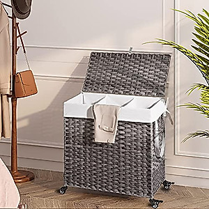 Greenstell Laundry Hamper with Wheels&Lid, 125L Large 3 Sections Clothes Hamper with 2 Removable Liner Bags, 5 Mesh Laundry Bags, Handwoven Divided Laundry Basket Gray