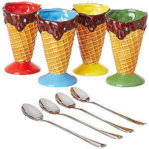 Kovot Ceramic Dessert & Ice Cream Cone Set - Includes 4 Ceramic Cones And 4 Metal Spoons