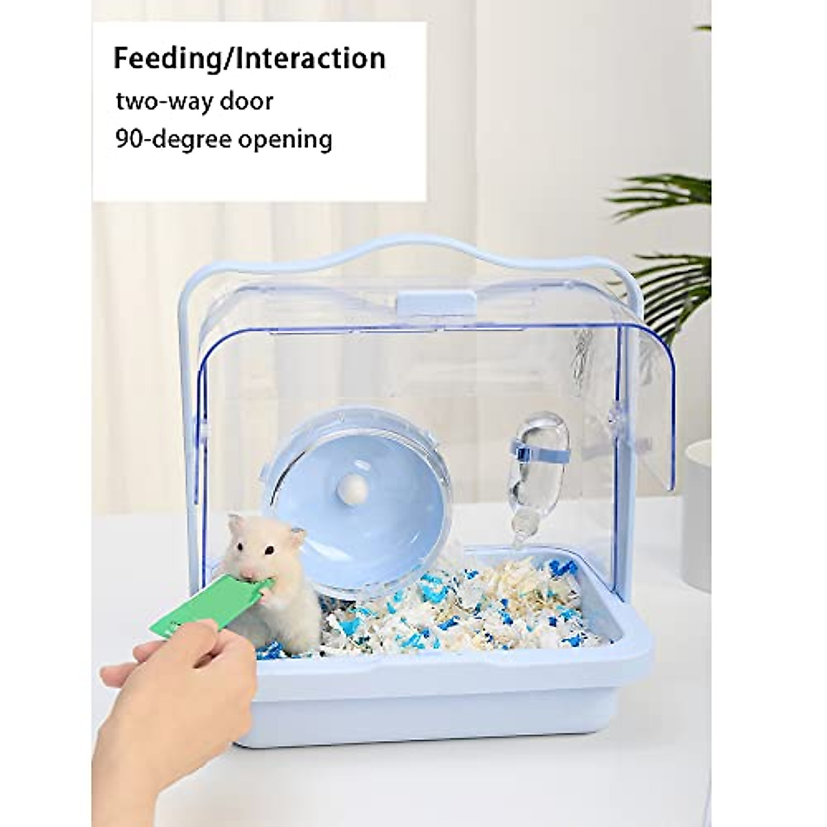 Portable Transparent Small Animal Cage for Pet Hamsters, Gerbils, or Mice, with Free Water Bottle and Running Wheel - Hamster House and Habitat for Reptiles. Perfect for Home or Travel (Blue)