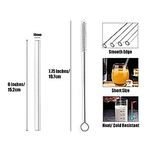 ALINK Short Glass Straws, 6 in x 10 mm Clear Straws for Cocktails, Whiskey, Coffee, Pack of 8 with Cleaning Brush