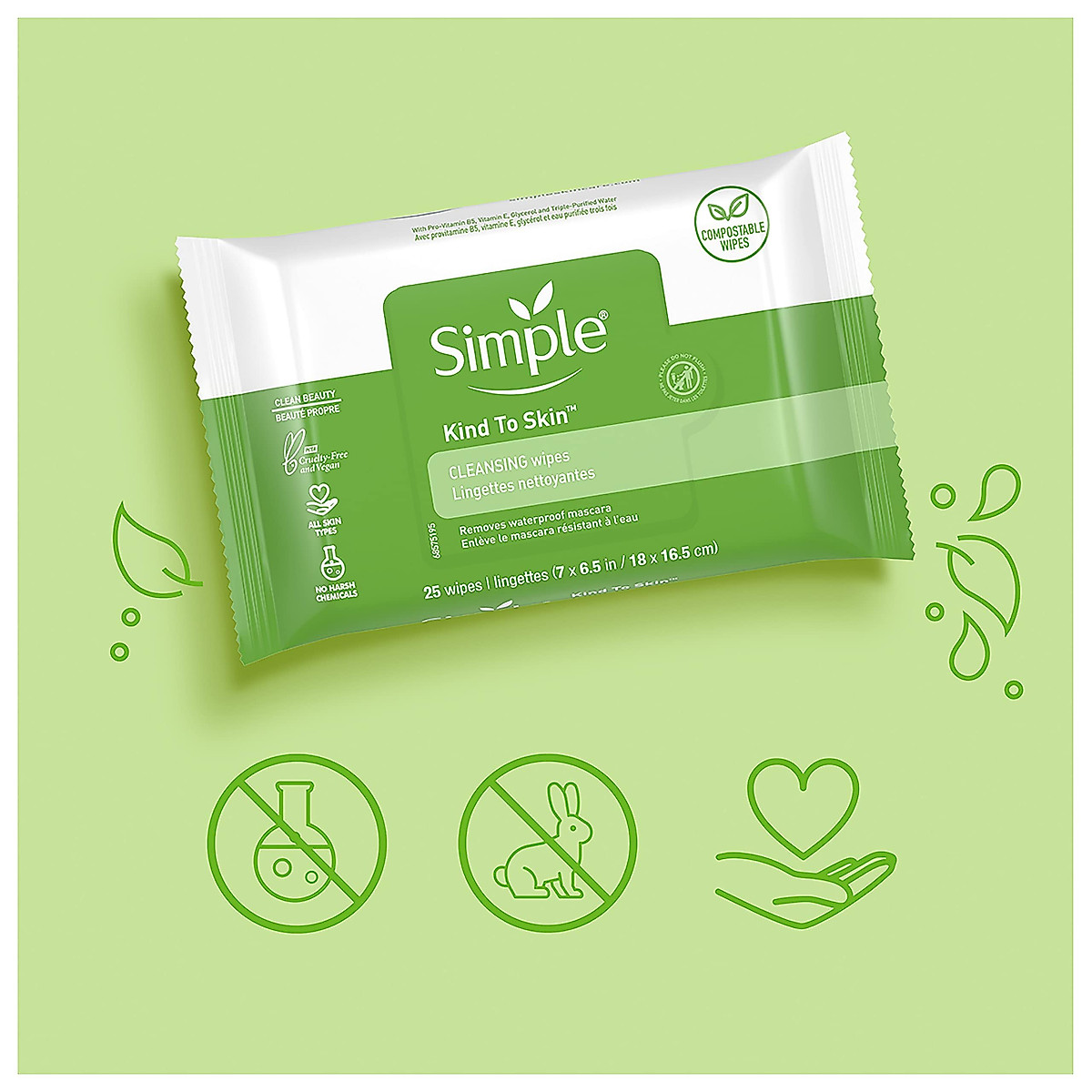 Simple Kind to Skin Facial Wipes Gentle and Effective Makeup Remover Cleansing Free from color and dye artificial perfume and harsh chemicals, 25 Count (Pack of 2)