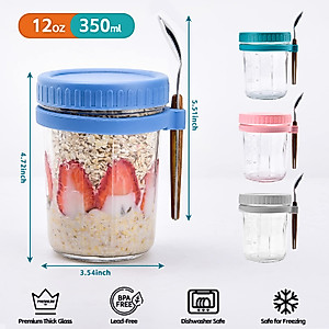 4 Pcs Portable Overnight Oats Containers with Lids and Spoons, 12 oz Mason Jars, Glass Jars with Measurement Marking, Reusable Yogurt Container for Cereal Fruit Salad