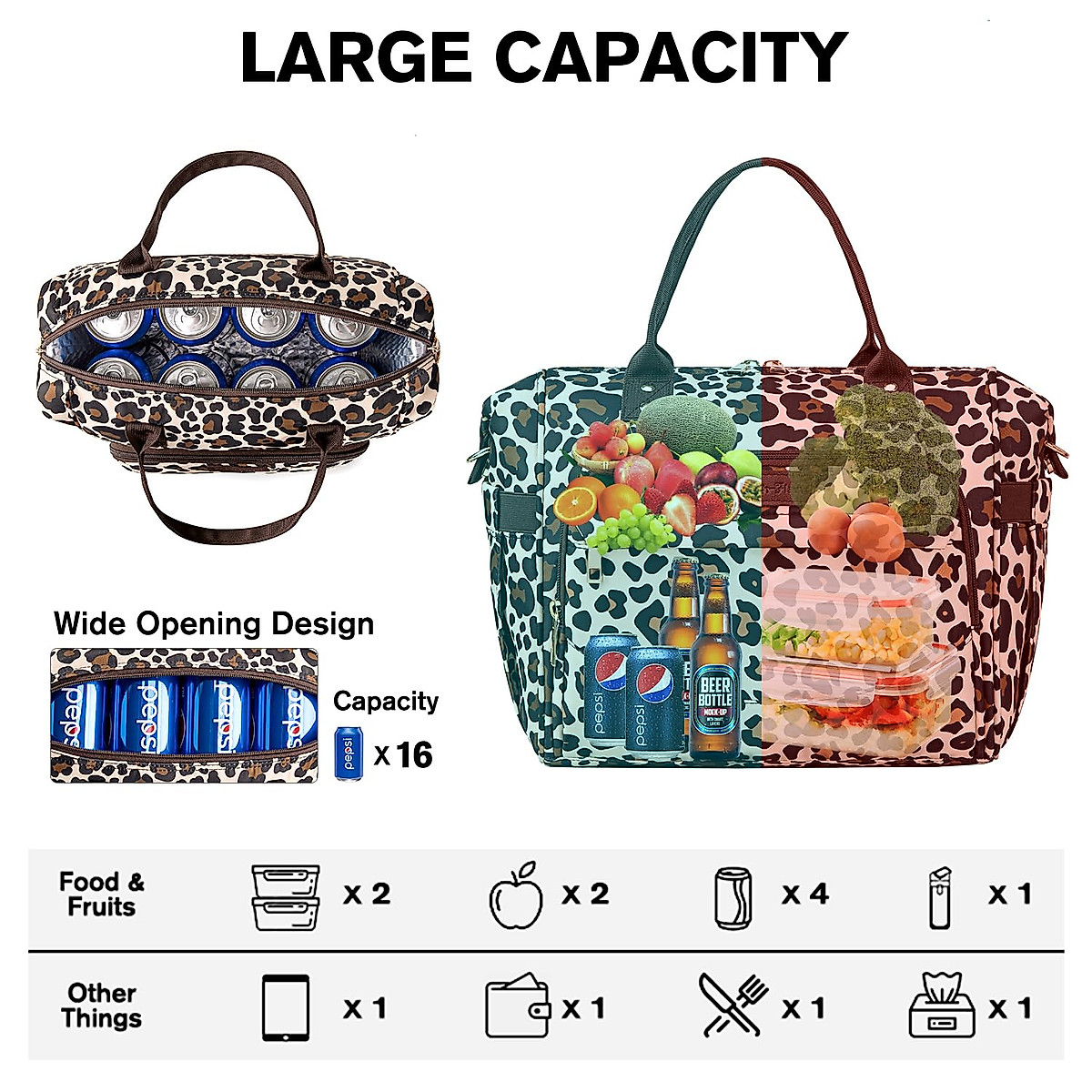 Fresh-flash Insulated Lunch Bag for Women Work, Leakproof Lunch Box Tote Bag, Wide Open Lunch Cooler Tote, Women Lunch Bags with Removable Shoulder Strap & Side Pockets-Leopard