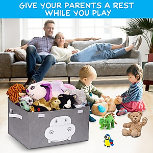 QUOKKA Hippo Toy Storage Box for Boys and Girls - 16x12x10 Toy Chest Organizer for Kids - | Collapsible | Handles | Flip-Top Lids | - Fabric Foldable Bin for Playroom - Nursery Room Organization