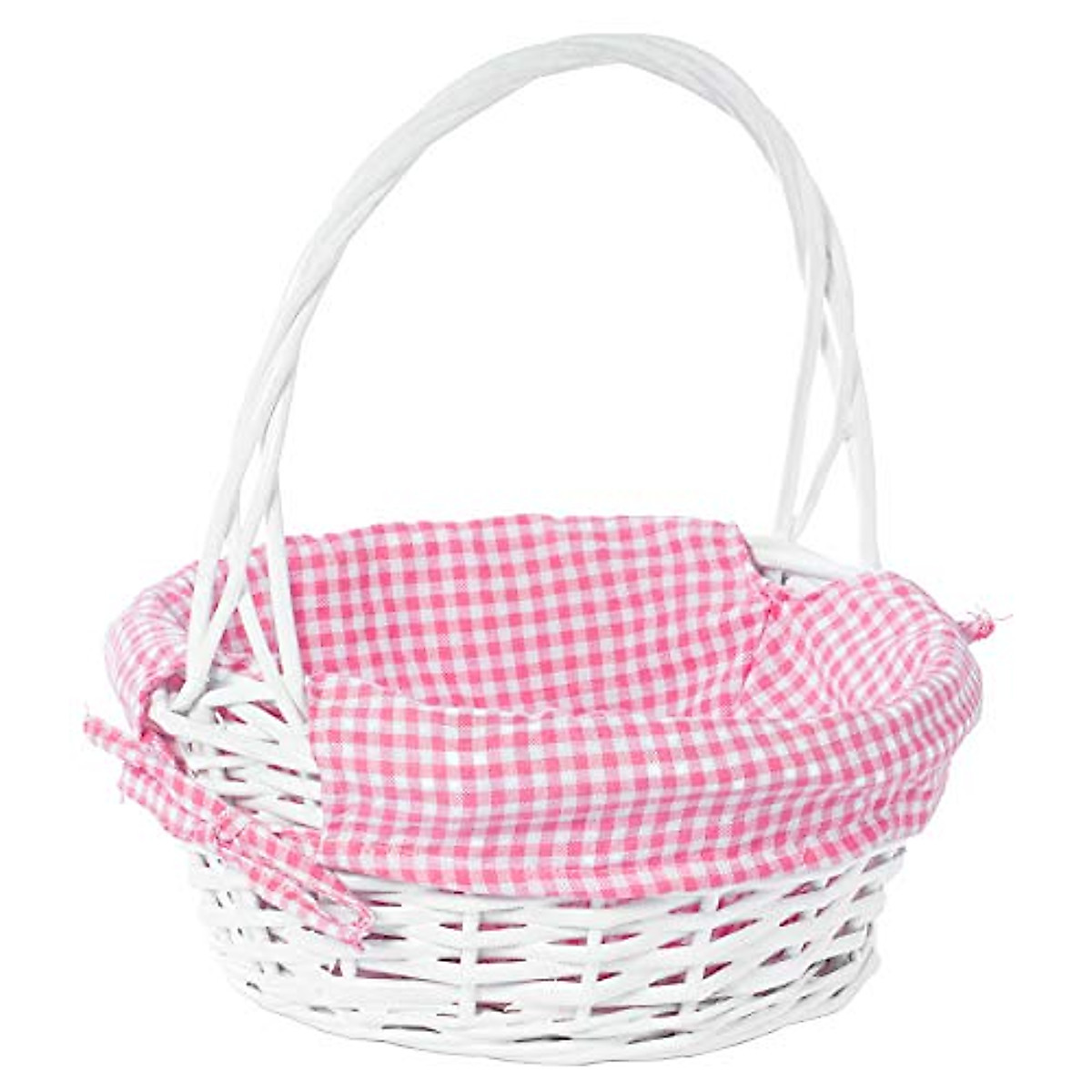 White Round Willow Gift Basket, with Pink Gingham Liner and Handle- Small