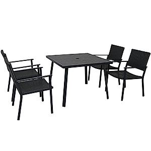 Outdoor Patio PE Wicker 5-Piece Dining Table Set with Umbrella Hole Garden