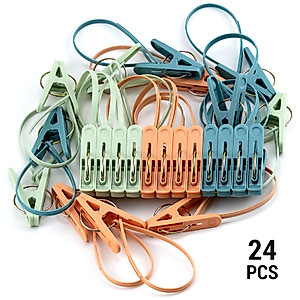 24 Pack Clothes Pins Clothes Peg Clip Pins with Plastic Rope for Clothesline Multicolor Drying Clothing Clips Hooks Windproof Clothes Hanger for Hanging Socks Hats Pants Bras Underwears Towel Photo