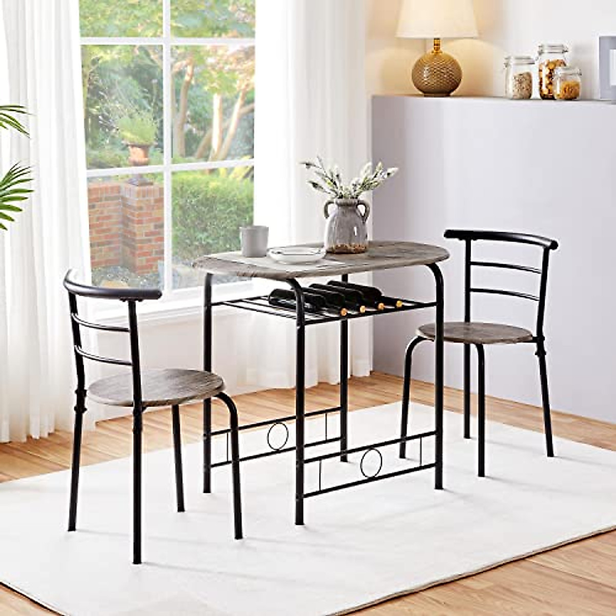 Yaheetech 3 Piece Round Dining Table Set Kitchen Breakfast Table Set for 2 Dining Table with 2 Chairs Space Saving Table Set w/Metal Frame, Wine Rack for Small Space/Apartment, Drift Brown