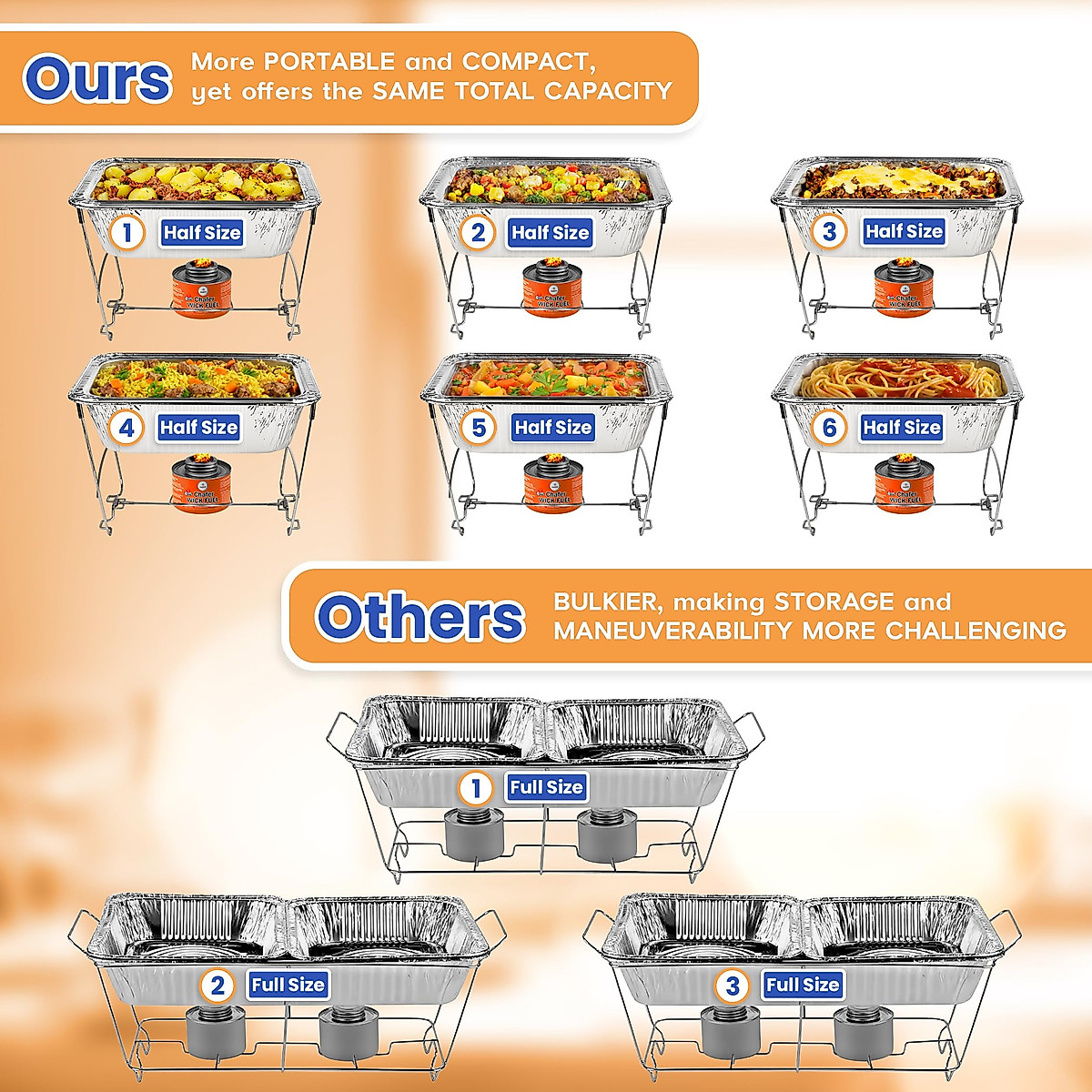 Disposable Chafing Dish Buffet Set, Foldable Rack for Storage Convenience, 6 Half Size Pans (9x13) Food Warmers for Parties & BBQ's, Catering Buffet Servers and Warmers Set for Indoor/Outdoor Events