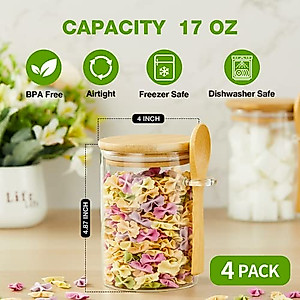 Mfacoy Set of 4 Airtight Glass Jars with Bamboo Lids & Spoons, 17 oz Borosilicate Glass Jars Containers, Clear Food Storage Canister for Cookie, Candy, Coffee, Sugar, Matcha Tea, Flour