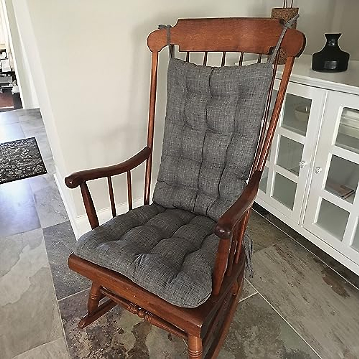 Barnett Home Decor Hayden Grey Rocking Chair Cushions - Size Standard - Latex Foam Filled Seat Pad and Back Rest Cushion - Machine Washable, Reversible, Linen Look (Gray)