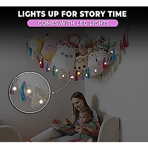 Familla Girls XL Toys & Stuffed Animal Hammock for Kids Room with LED String Light | Jumbo Toy Hammock Organizer | Corner Toy Net for Stuffed Animals & Plushie Storage | Macrame Plush Animal Net Toy Storage