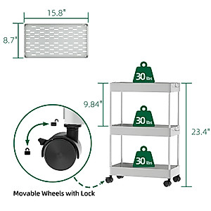 OTK Storage Cart 3 Tier Mobile Shelving Unit Organizer, Utility Rolling Shelf Cart with Wheels for Bathroom Kitchen Bedroom Office Laundry Narrow Places, White