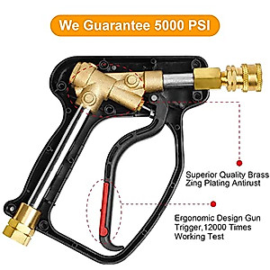 MEKOH High Pressure Washer Short Gun, 5000 PSI 12 GPM Industrial Pressure Power water Spray Gun, with 5 Nozzle Tips, 1/4'' Outlet, 3/8'' Quick Connect，M22-14mm Fitting, PTFE Tape and Car Sponge