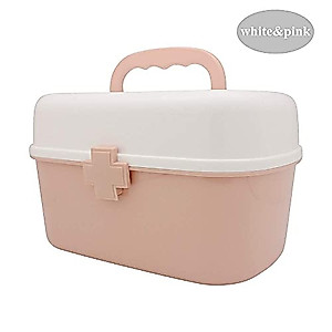 BangQiao Plastic First Aid Storage Box Container Bin with Removable Tray and Portable Handle, Family Emergency Medicine Kit Case Organizer, White&Pink